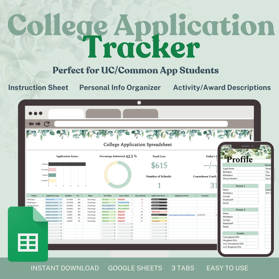 UC & Common Application College Spreadsheet Organizer | High School ...
