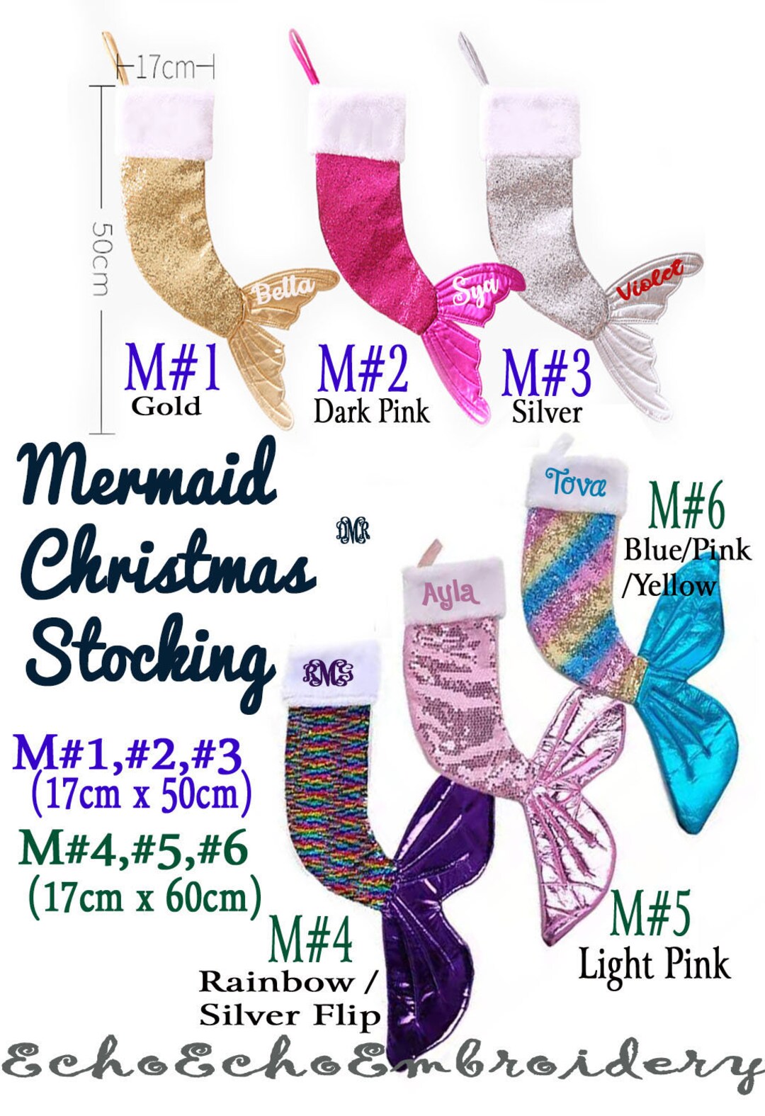 Mermaid Stocking Personalized Embroidered Monogrammed Name. 6 Color ...