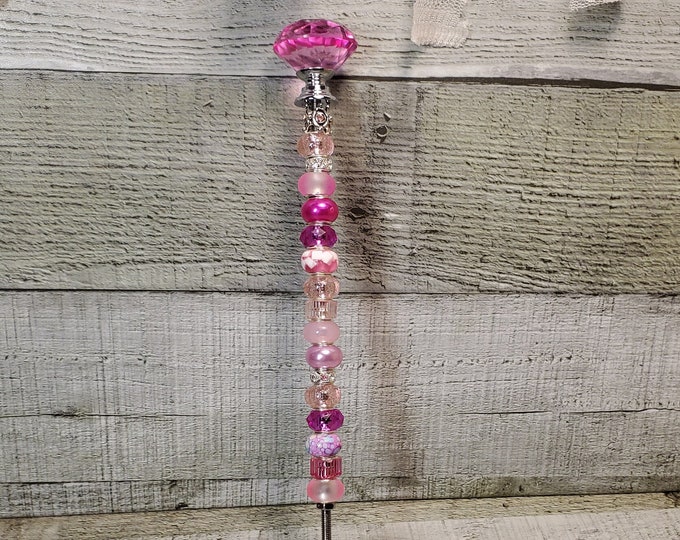 Pink Beaded Garden Stake, Garden Bling, Flower Pot Bling, Garden Marker ...