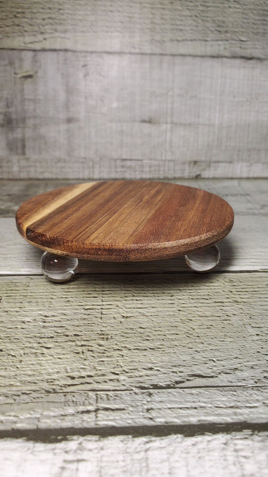 Small Rustic Brown Round Wood Riser With Clear Acrylic Ball Feet, 4 ...