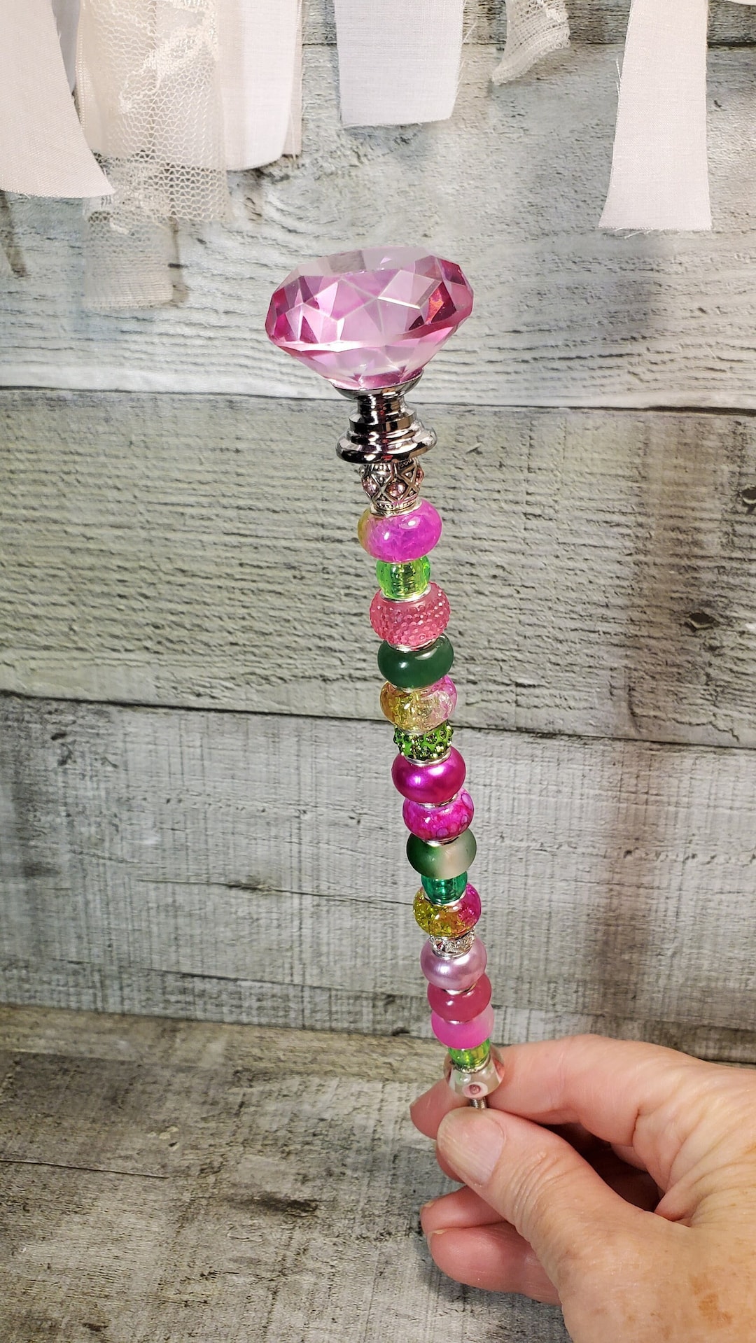Pink and Green Beaded Garden Stake, Flower Pot Bling, Garden Marker ...
