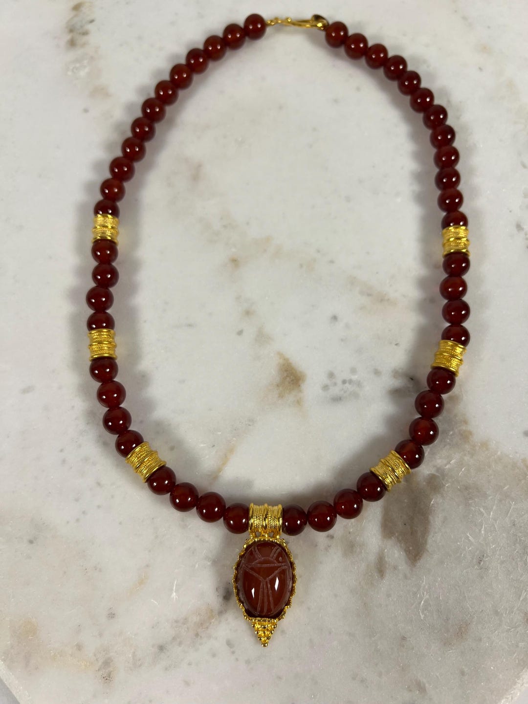 Vintage MMA Carnelian Bead Necklace With Scarab Pendant, 24K Gold ...