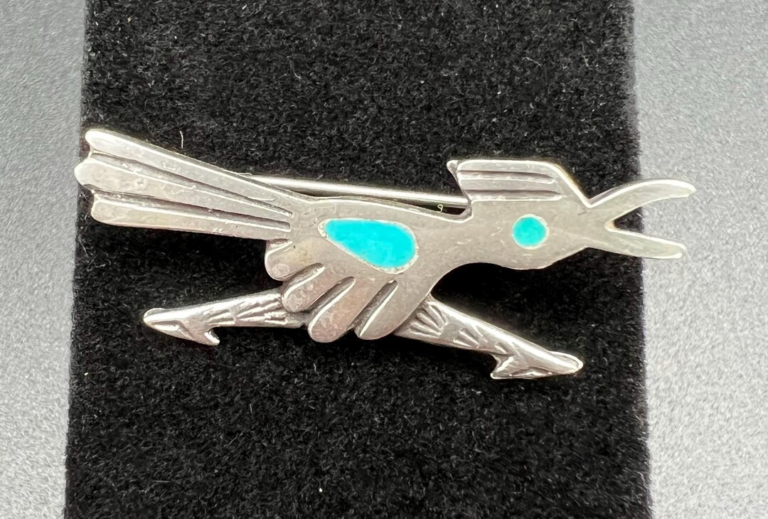 Vintage Sterling Silver Roadrunner Pin With Turquoise Colored Inlay ...