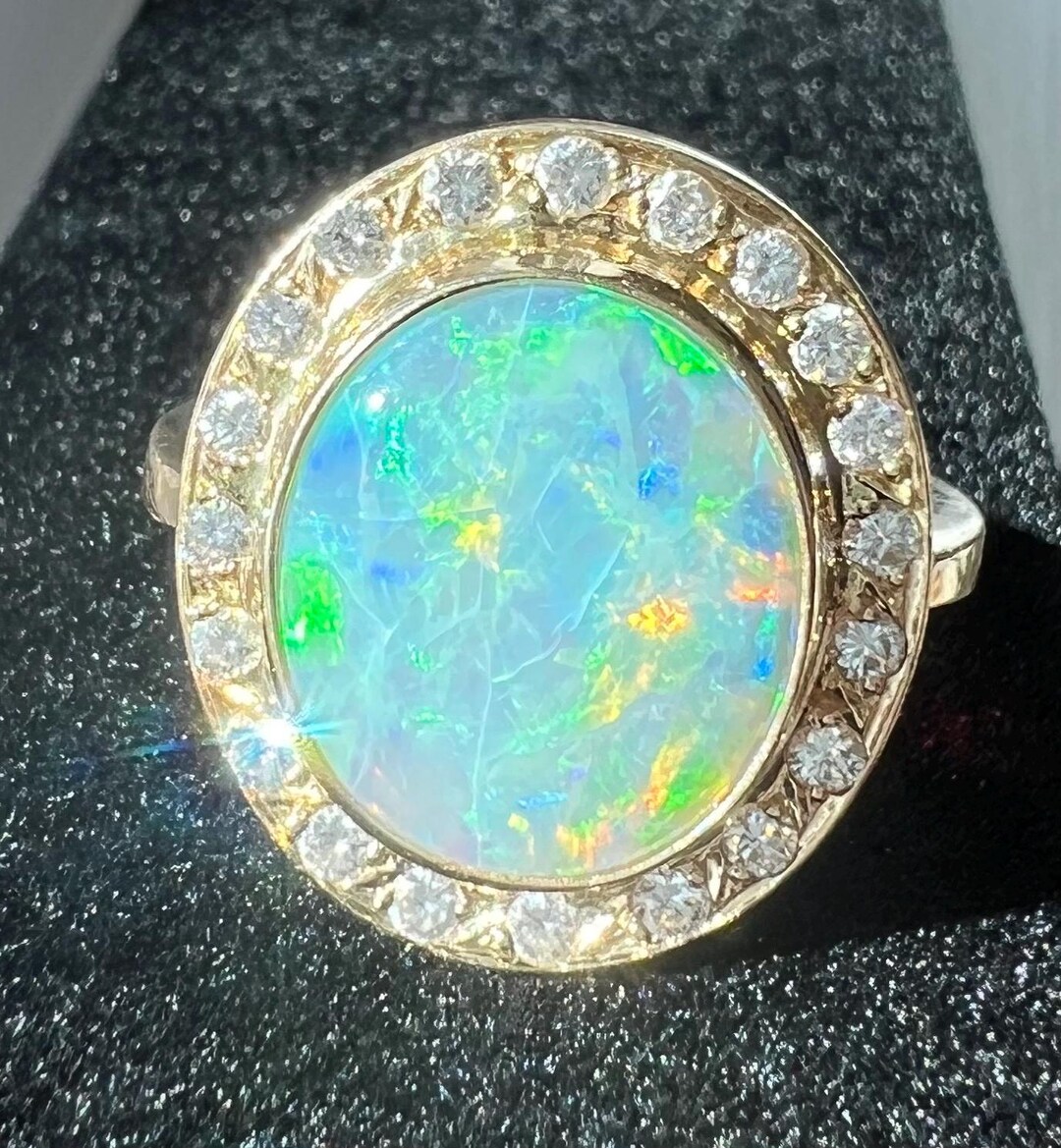 Vintage Crazed Opal Ring With Diamond Halo Set in 14kt Gold - Etsy
