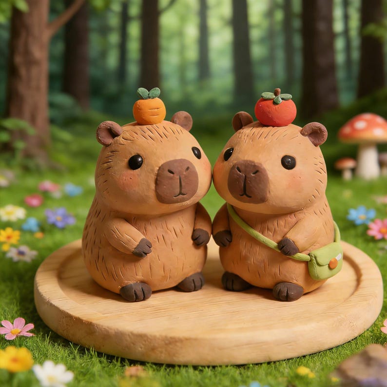 Handmade Capybara Couple Figurine – Polymer Clay Fruit Toppers - Etsy