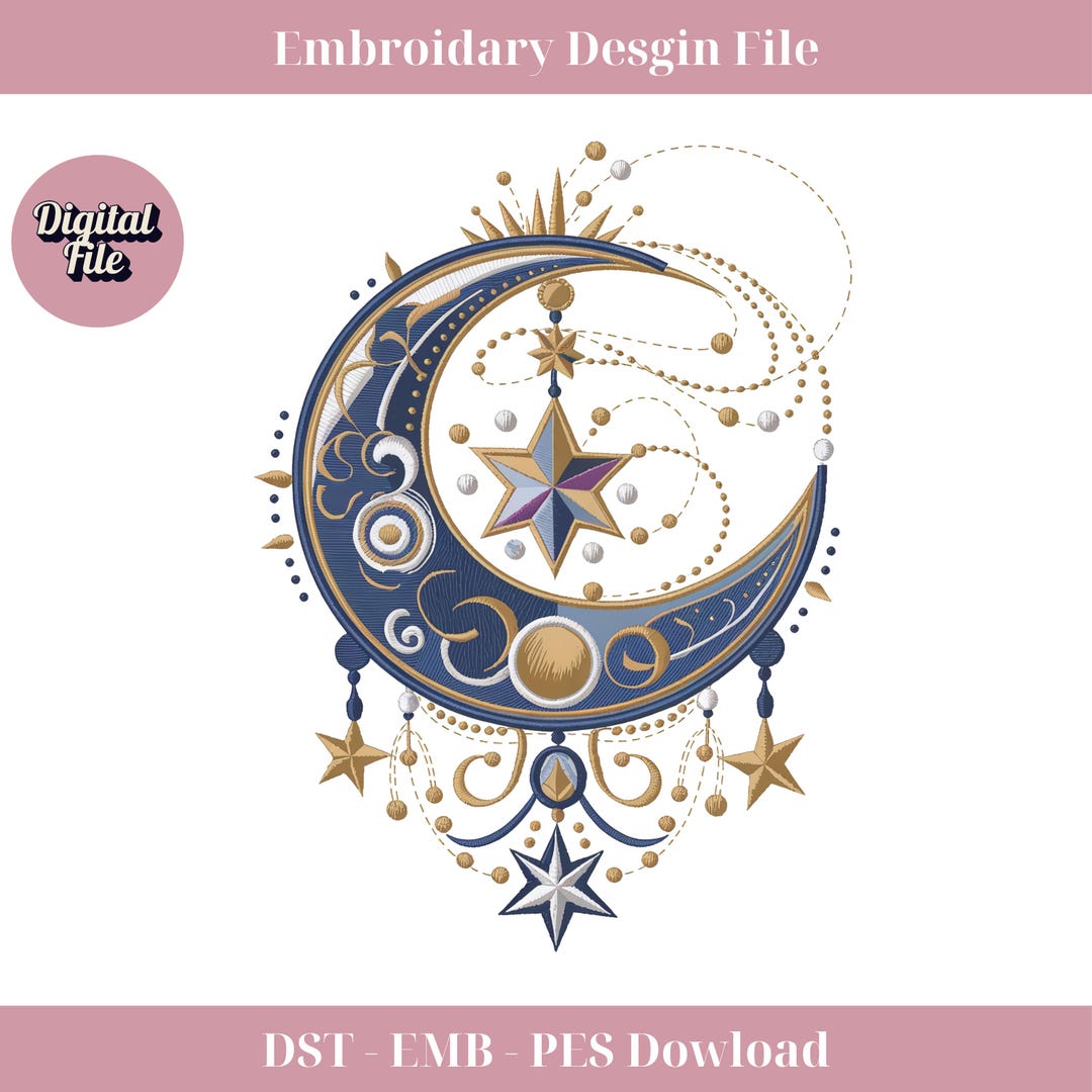 Star & Moon Machine Embroidery Design, Compatible With Dst, Emb, Pes ...