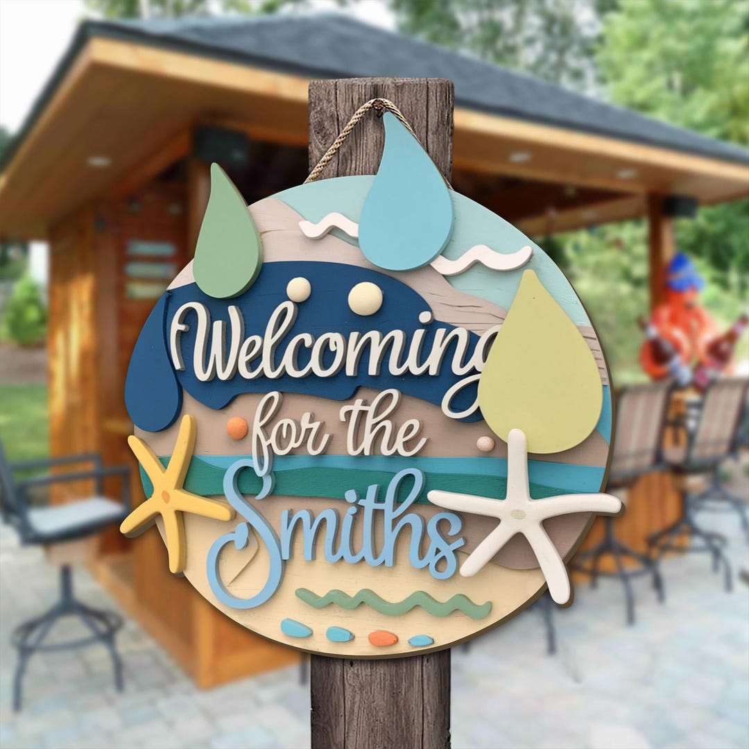 Summer Beach Hanging Wooden Sign, Personalized Ocean Welcome Plaque ...