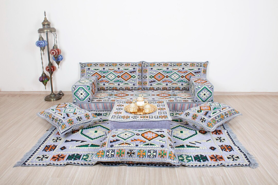 Custom Floor Cushion, Ethnic Sofa Set, Gray Arabic Majlis, Patterned ...
