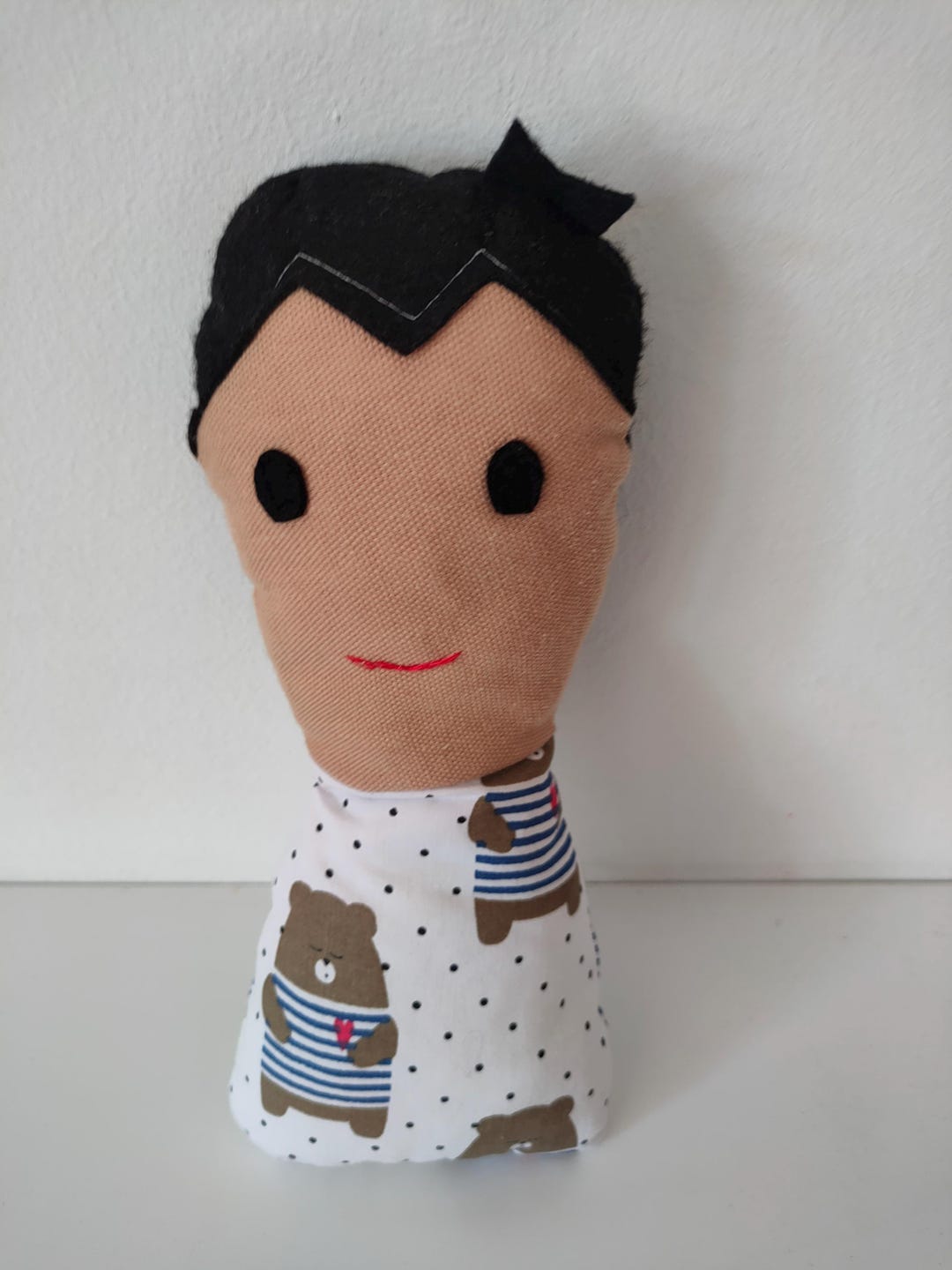 Handmade Textile Boy Ragdoll Black Haired, Boy Soft Doll With Bear ...