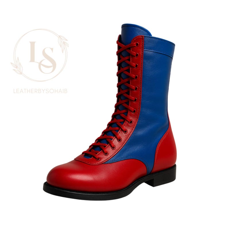 Handmade Red & Blue Leather Wrestling Boots: Lace-up Combat Ring Gear ...