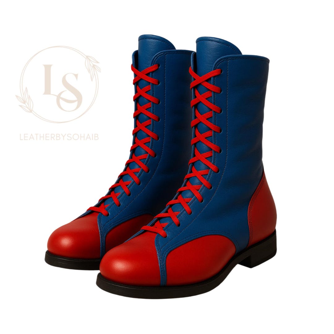 Custom Red & Blue Leather Wrestling Boots | Handmade Pro Wrestling Gear ...