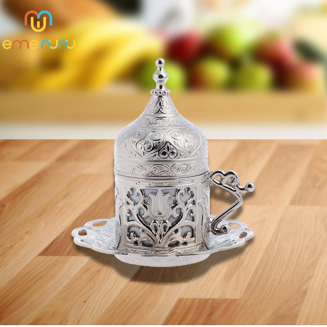 Turkish Coffee Cup With Lid, Ornate Silver Design, and Matching Saucer ...