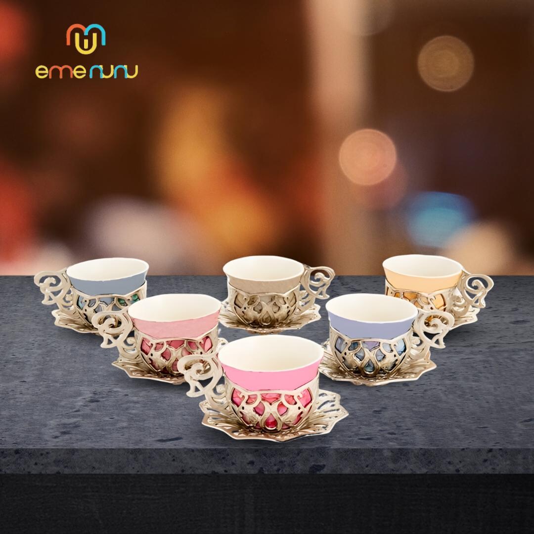 6-piece Turkish Coffee Cup Set With Ornate Holders and Colorful Ceramic ...