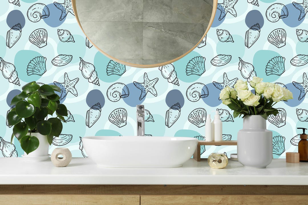 Coastal Seashell and Starfish Wallpaper Beach-themed Aqua Mural Peel ...