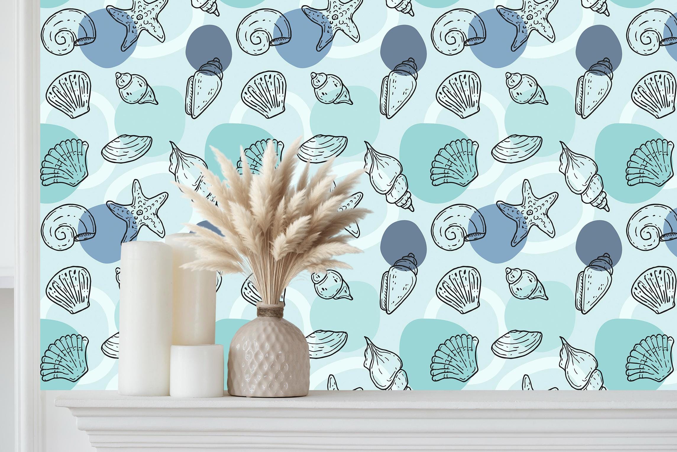 Coastal Seashell and Starfish Wallpaper Beach-themed Aqua Mural Peel ...