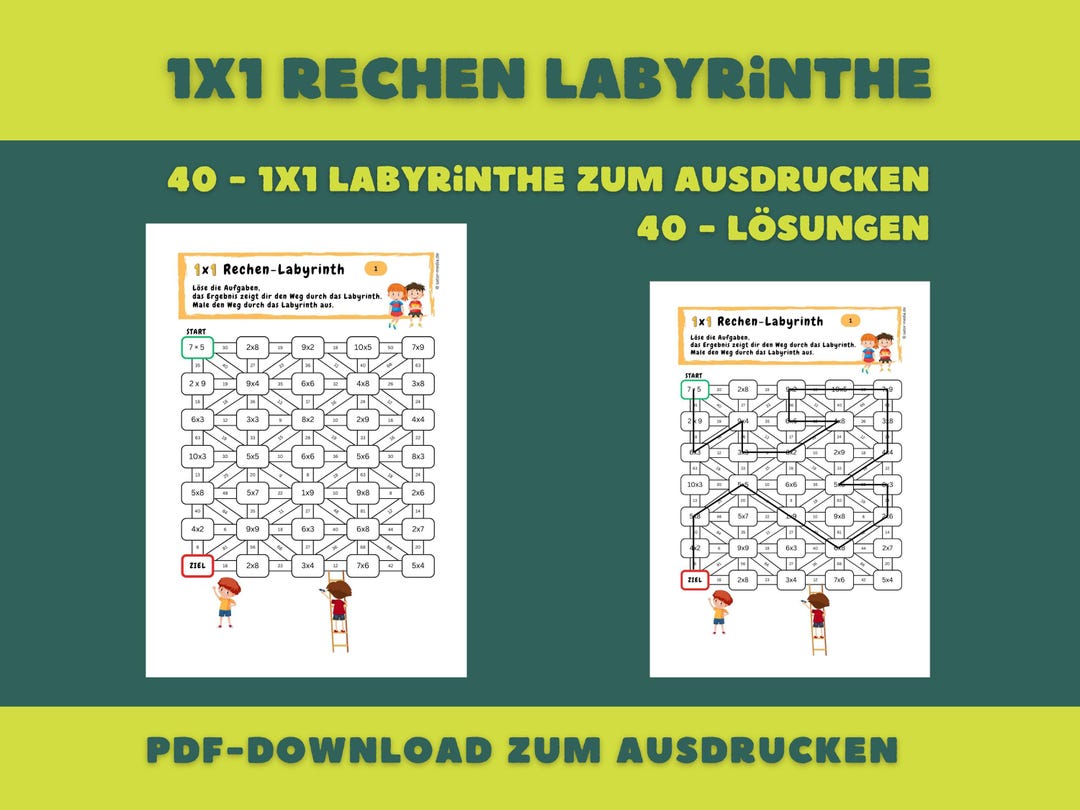 The Small Times Table, 40 Different 1x1 Labyrinth Worksheets for School ...