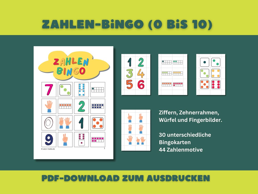 Number Bingo Game for 1st Grade: Numbers, Dice, Ten-frames and Finger ...