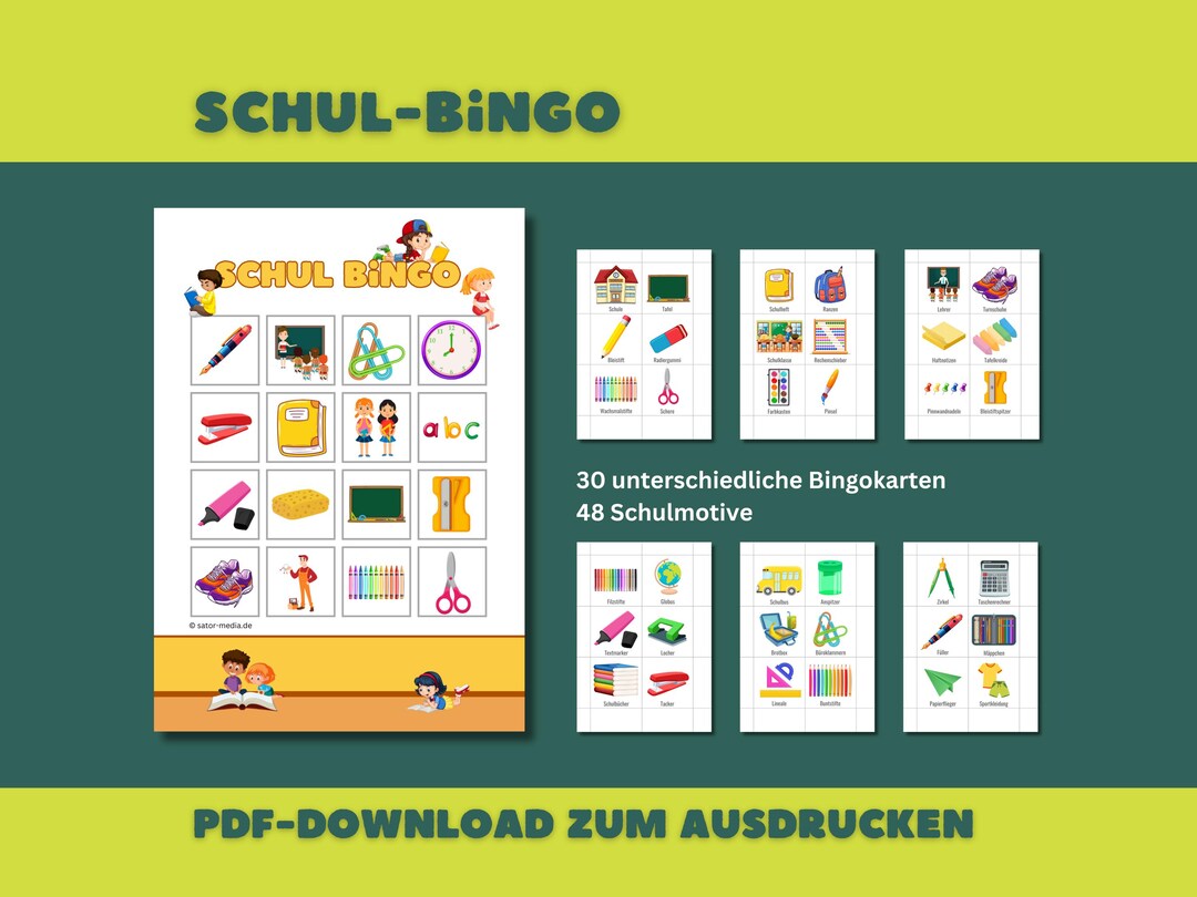School Bingo Game to Print Out, 48 School Motifs and 30 Bingo Cards for ...