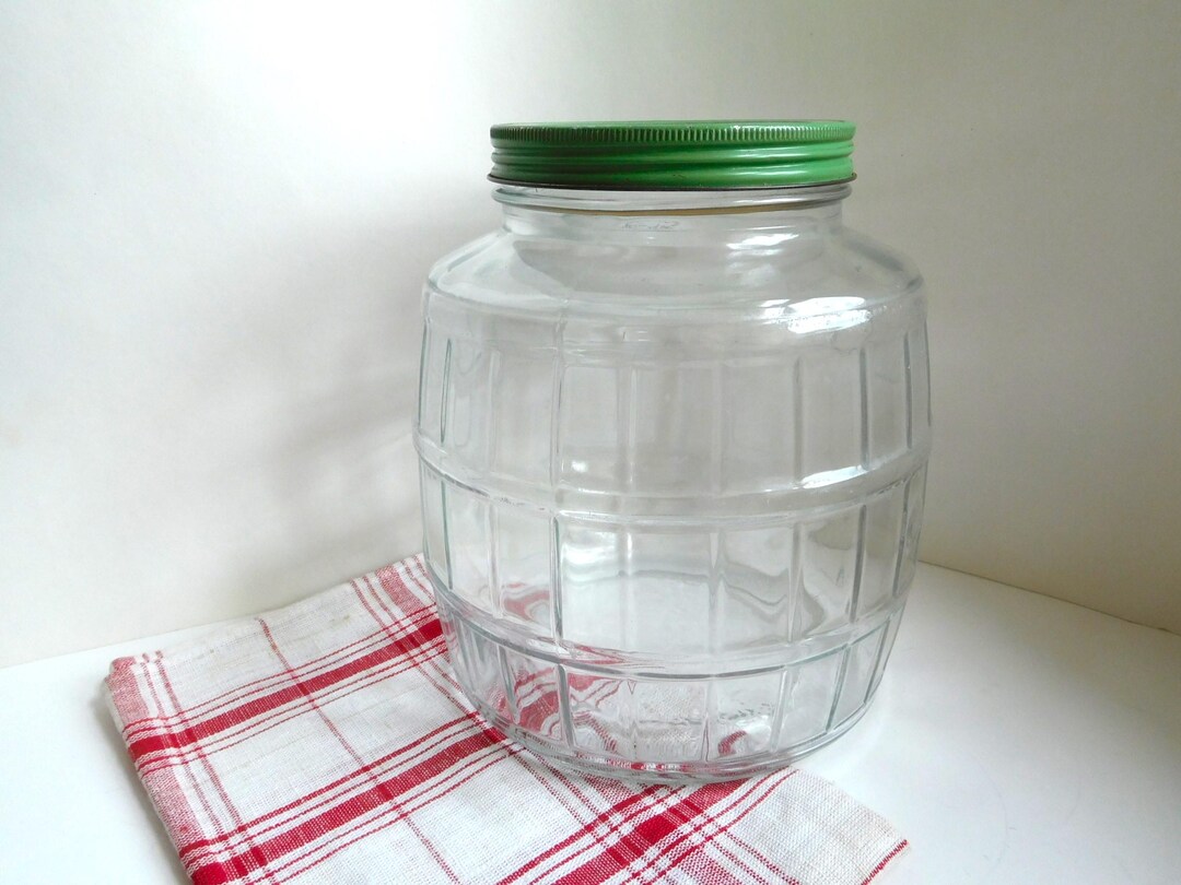 Vintage Large Glass Barrel Jar With Green Metal Lid Pickle Jar - Etsy