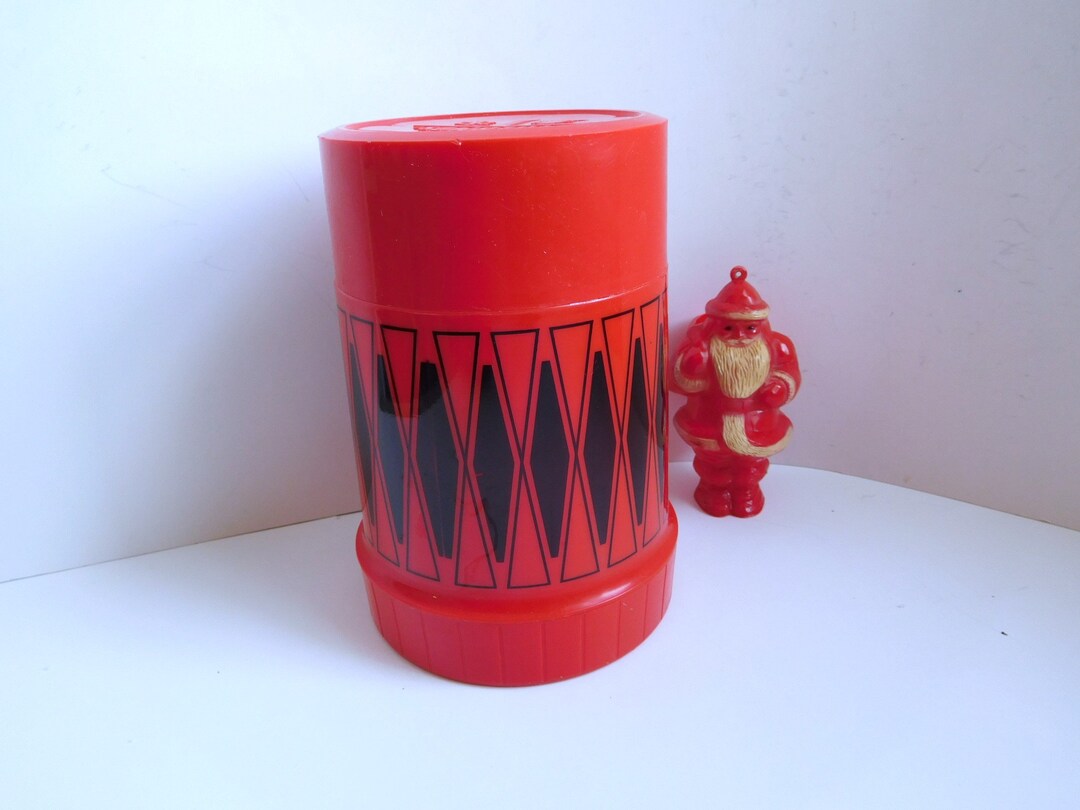 Vintage Short Red Thermos With Black Diamond Pattern - Etsy