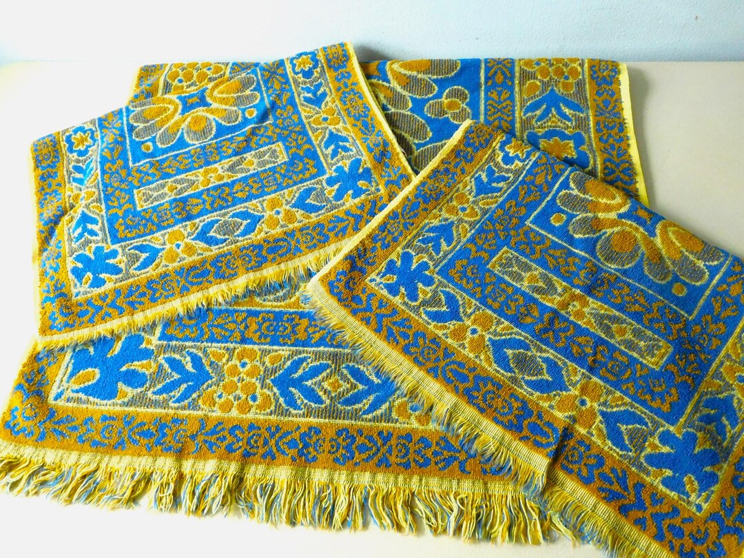 Vintage 1960s Blue Gold Reversible Towel Set All Cotton Bath and 2 Hand ...