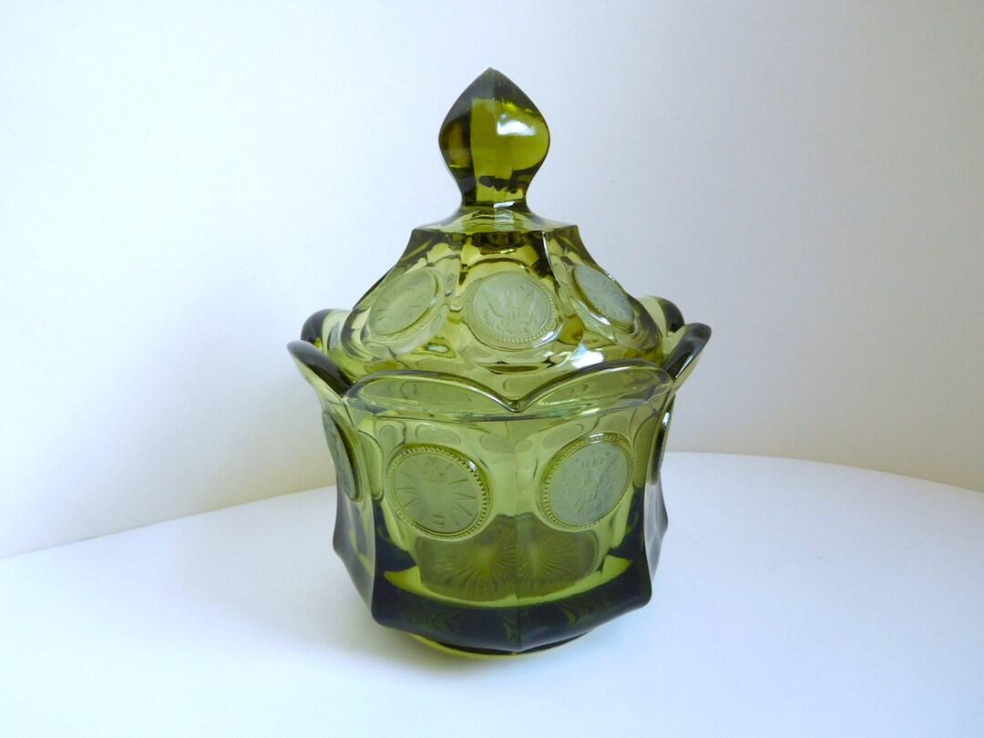 Vintage Fostoria Coin Glass Dish With Lid Avocado Green - Etsy