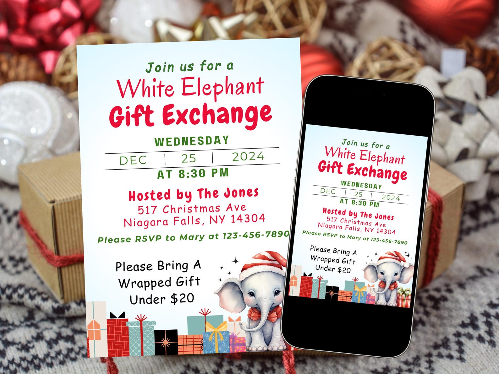 White Elephant Gift Exchange Invitation Template, Christmas Party ...