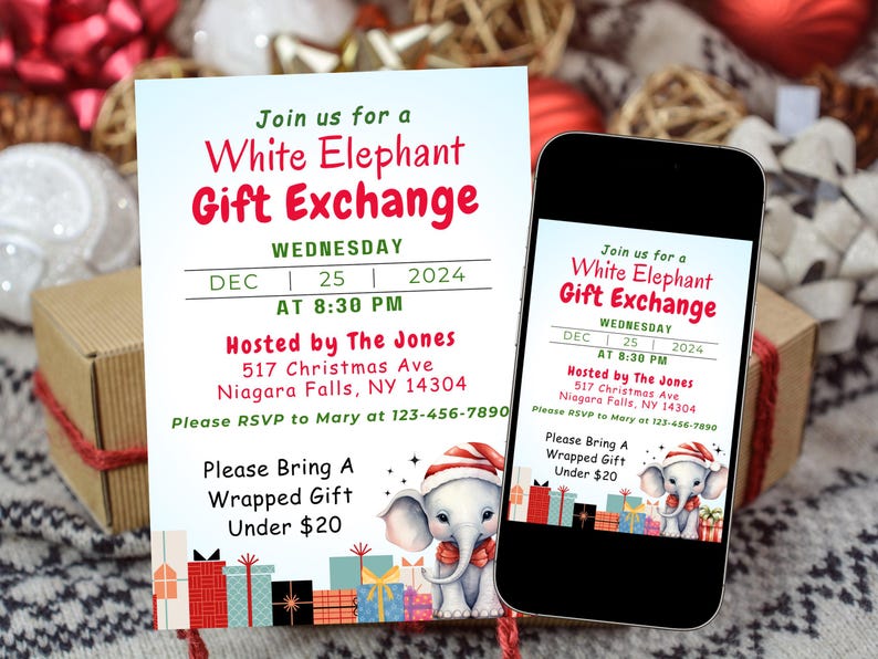 White Elephant Gift Exchange Invitation Template, Christmas Party ...