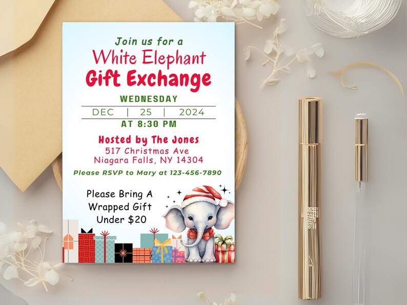 White Elephant Gift Exchange Invitation Template, Christmas Party ...
