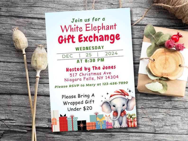White Elephant Gift Exchange Invitation Template, Christmas Party ...