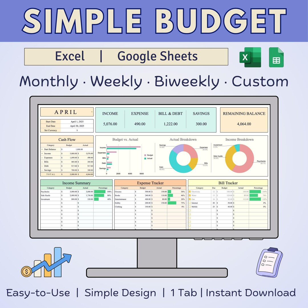 Simple Budget Planner Spreadsheet, Monthly Paycheck Budget, Monthly ...