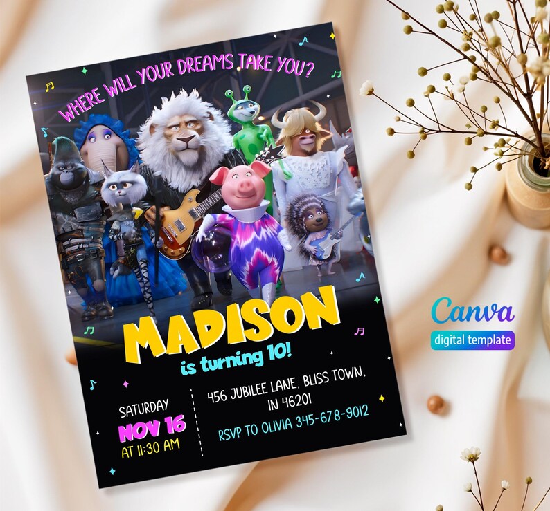 Editable Singer Invitation, Printable Sing 2 Birthday Invitation ...