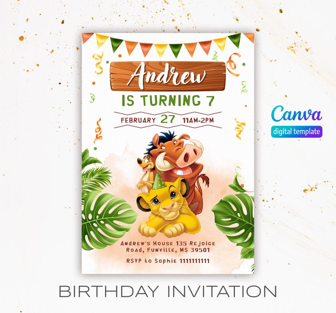 Simba Printable Birthday Invitation Template, Lion King Birthday Invite ...