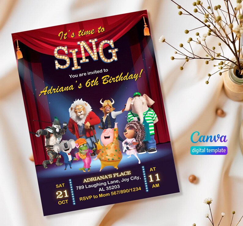 Editable Singer Invitation, Printable Sing 2 Birthday Invitation ...