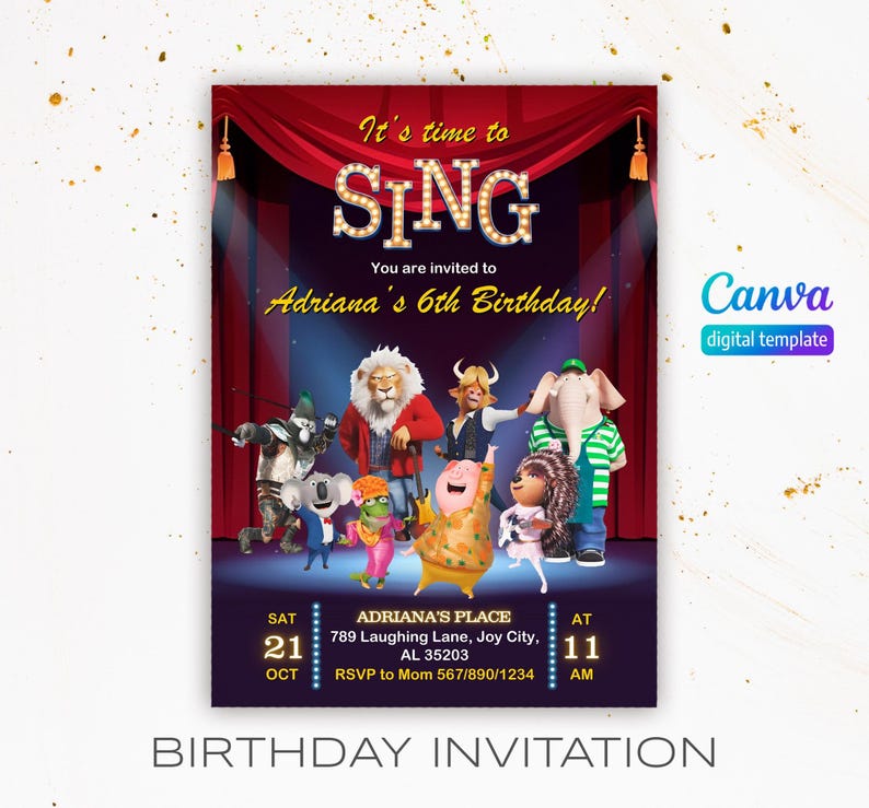 Editable Singer Invitation, Printable Sing 2 Birthday Invitation ...