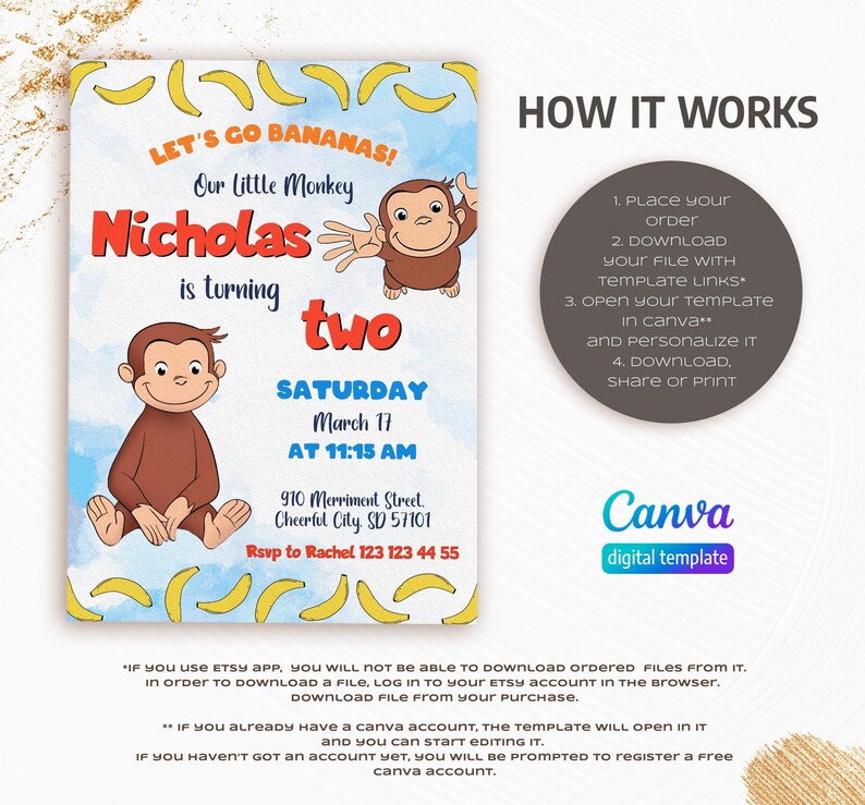 Curious George Birthday Invitation, Printable Monkey Invite, Ape Invite ...