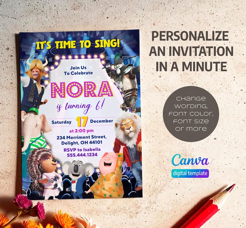 Editable Singer Invitation, Printable Sing 2 Birthday Invitation ...