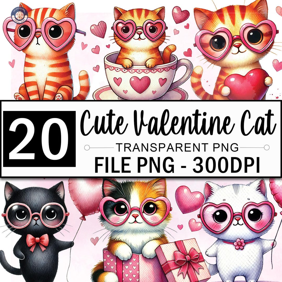 Watercolor Cute Valentine Cat Clipart Bundle, 20 PNG Valentine Cat ...