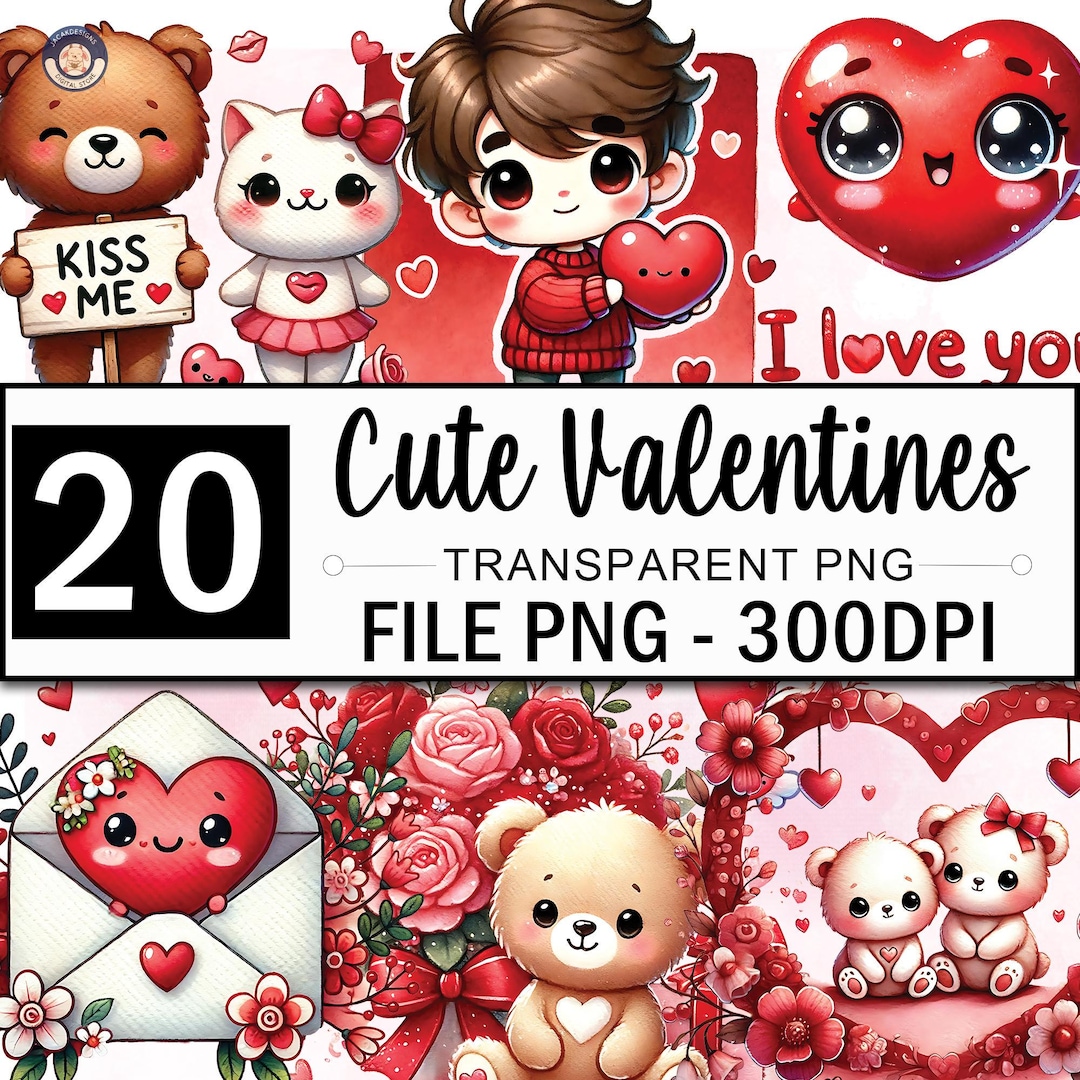 Watercolor Cute Valentines Clipart Bundle, 20 PNG Cute Valentines ...