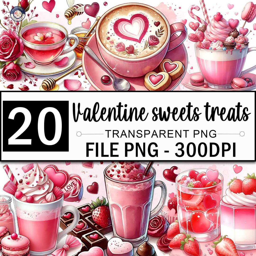 Watercolor Valentine Food Clipart Bundle, 20 PNG Valentine Sweets ...