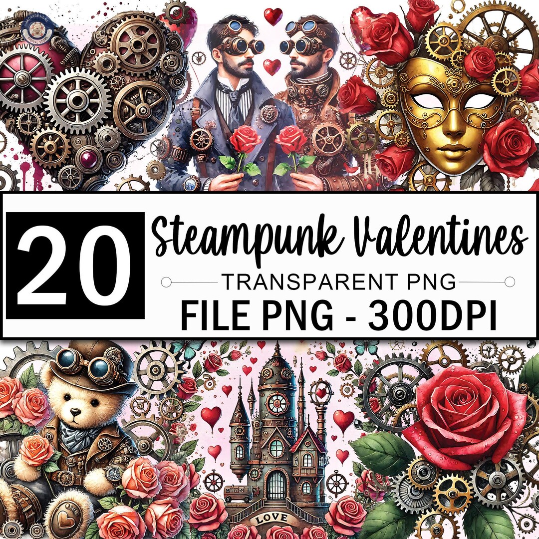 Watercolor Steampunk Valentines Clipart Bundle, 20 PNG Valentines ...