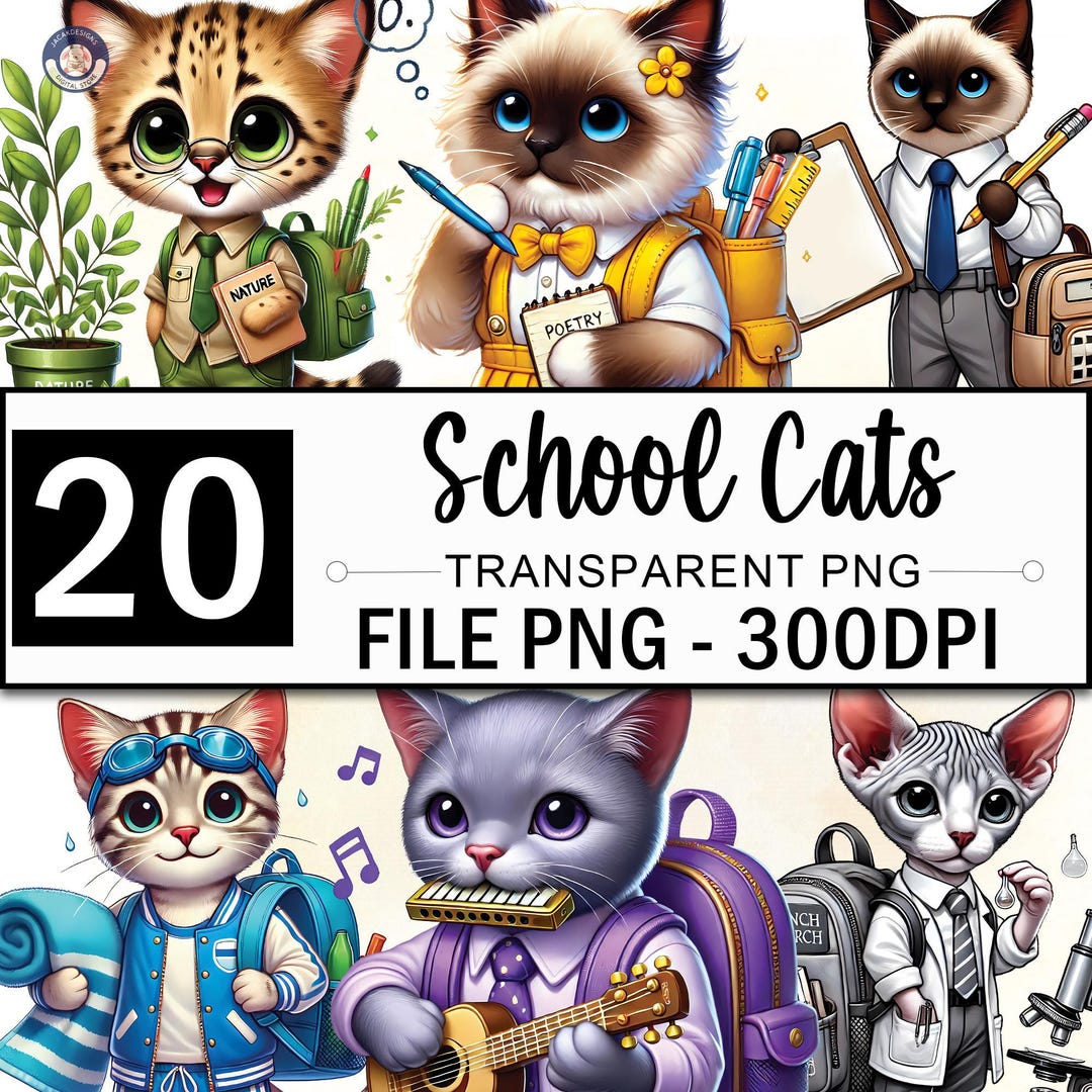 20+ Watercolor School Cats Clipart Bundle, 100 Days of School Png, Cat ...