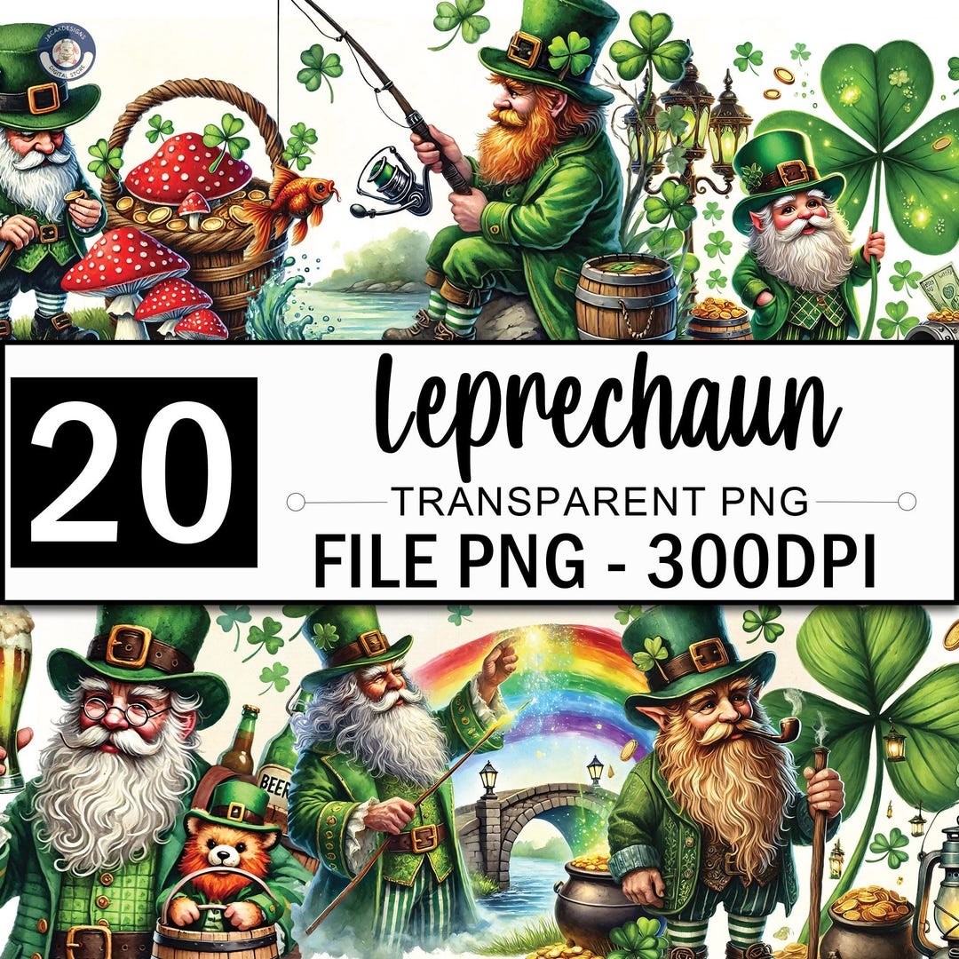 Watercolor St Patrick's Day Leprechaun Clipart Bundle, 20 PNG ...