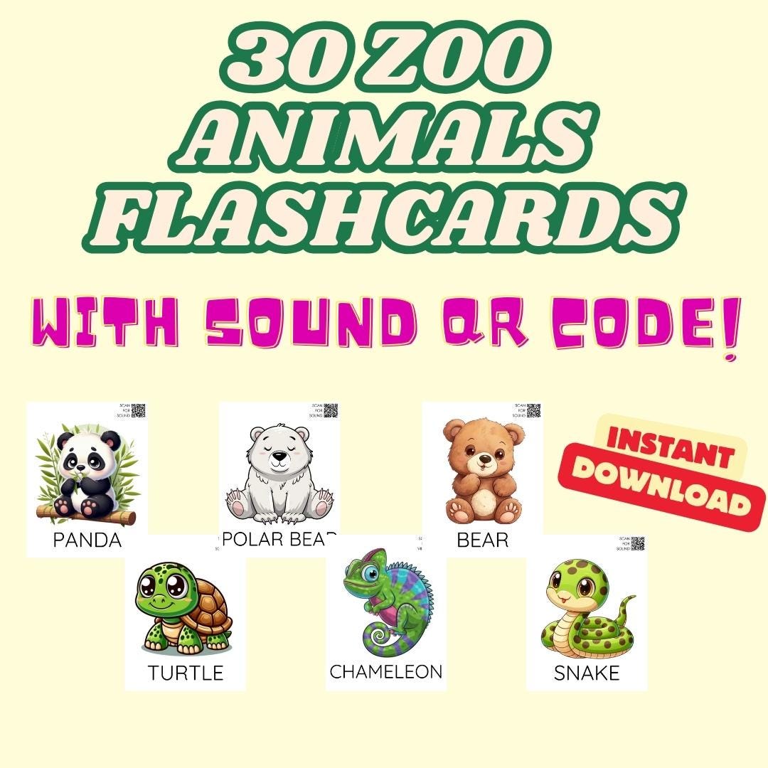 30 Zoo Animals Flashcards With Sounds , Safari Flash Cards, Animal ...