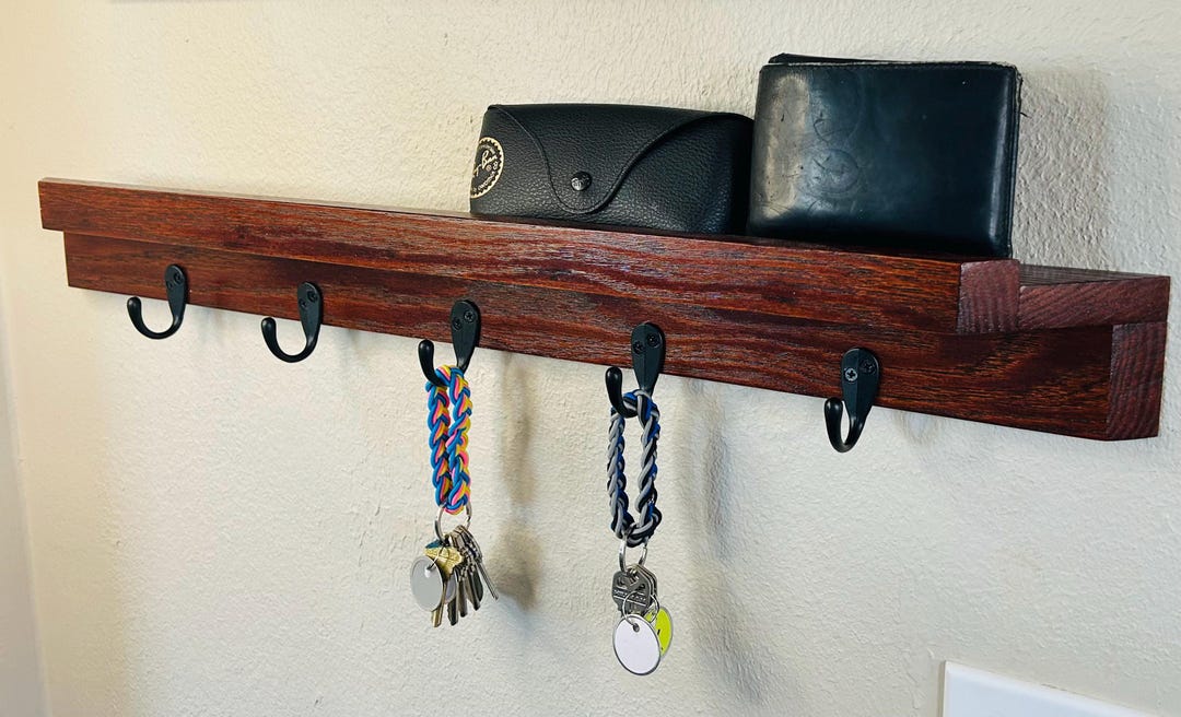 Red Oak - Floating Shelf With Keychain Hooks - Etsy