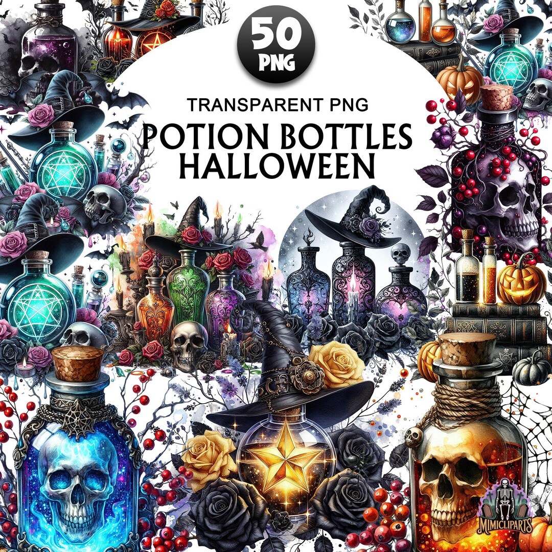 Halloween Potion Bottles Clipart Bundle, Death Potion Png, Dark Magic ...