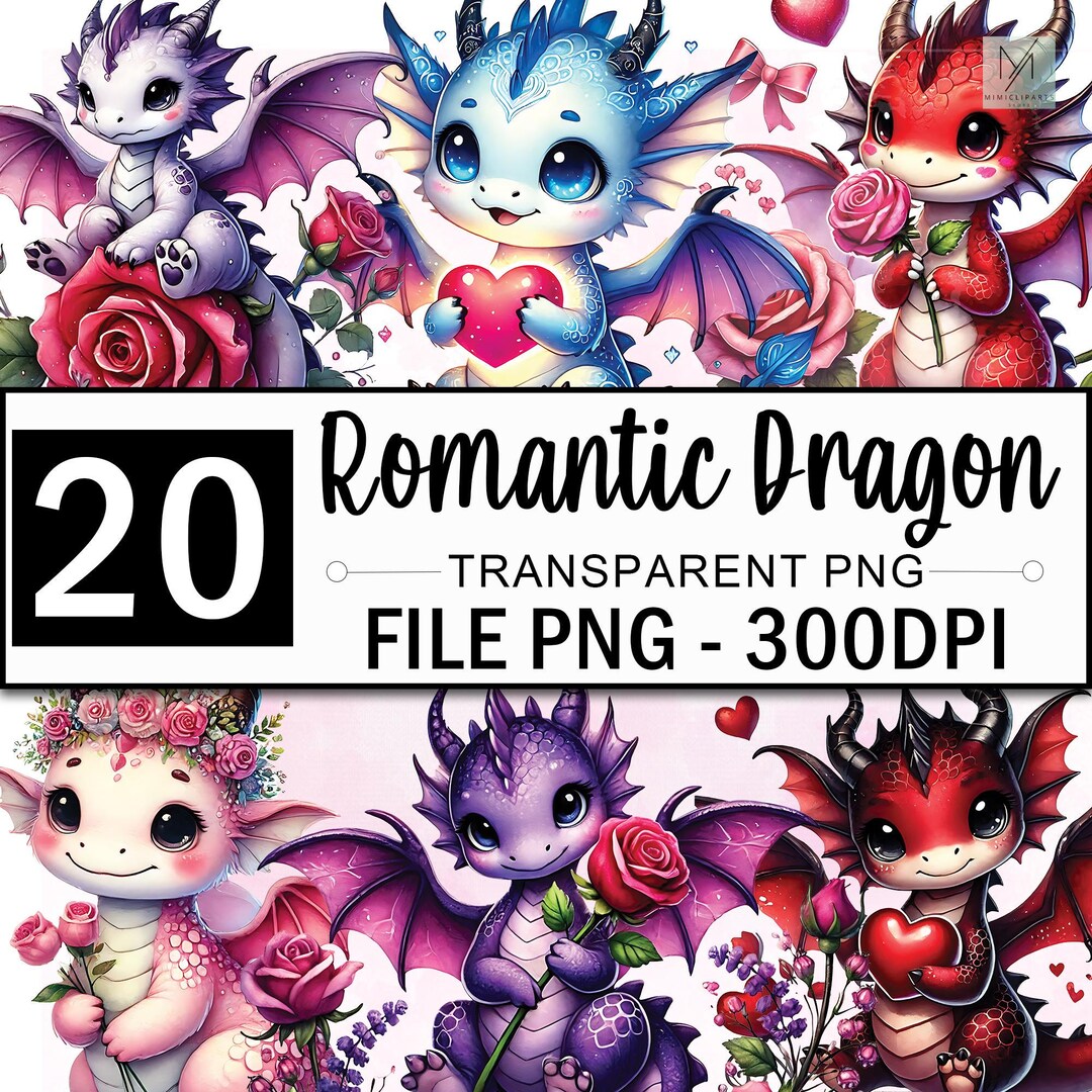 Watercolor Lovey Dragon Clipart Bundle, 20 PNG Romantic Dragon Clipart ...