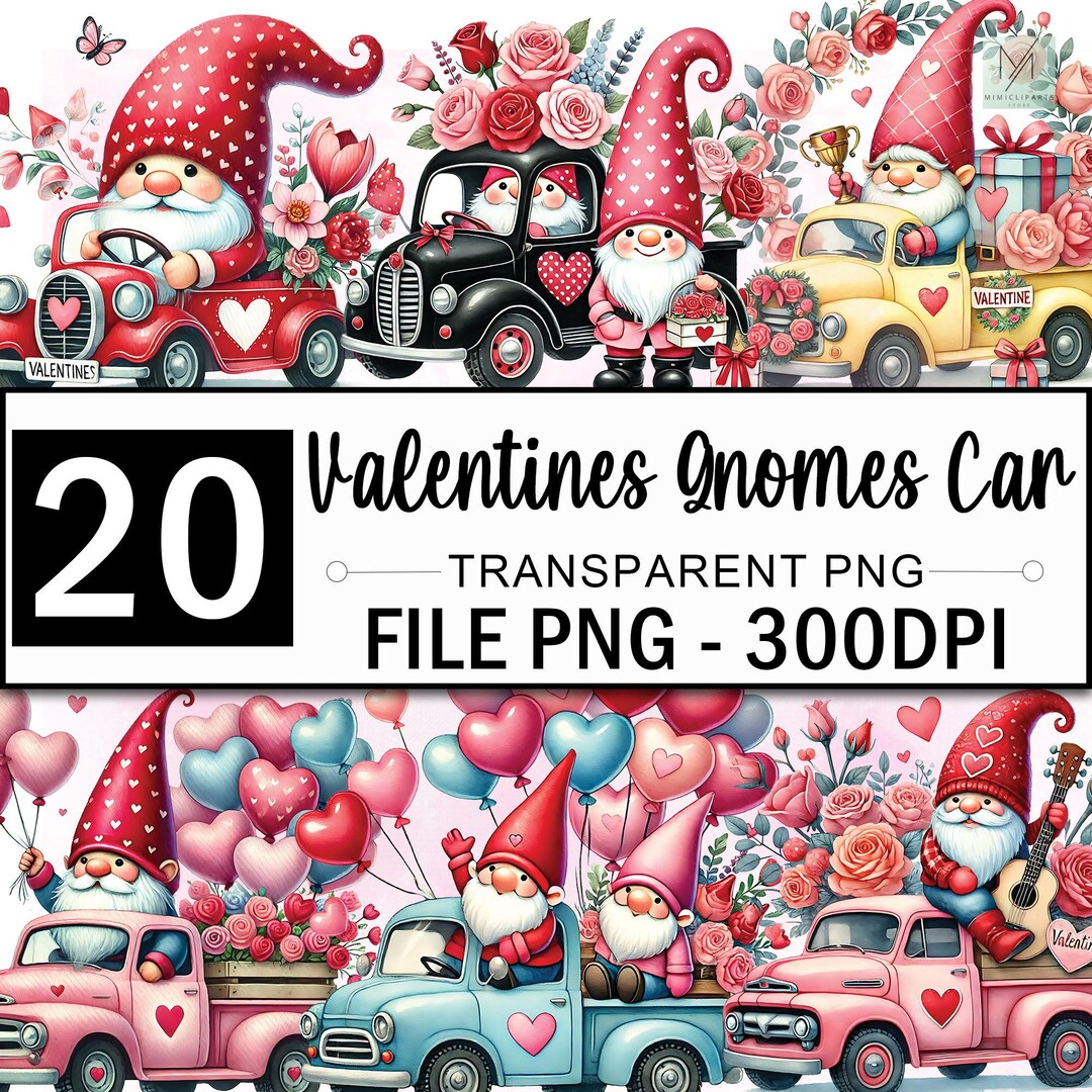 Watercolor Valentines Gnomes Car Clipart Bundle, 20 PNG Gnomes Car ...