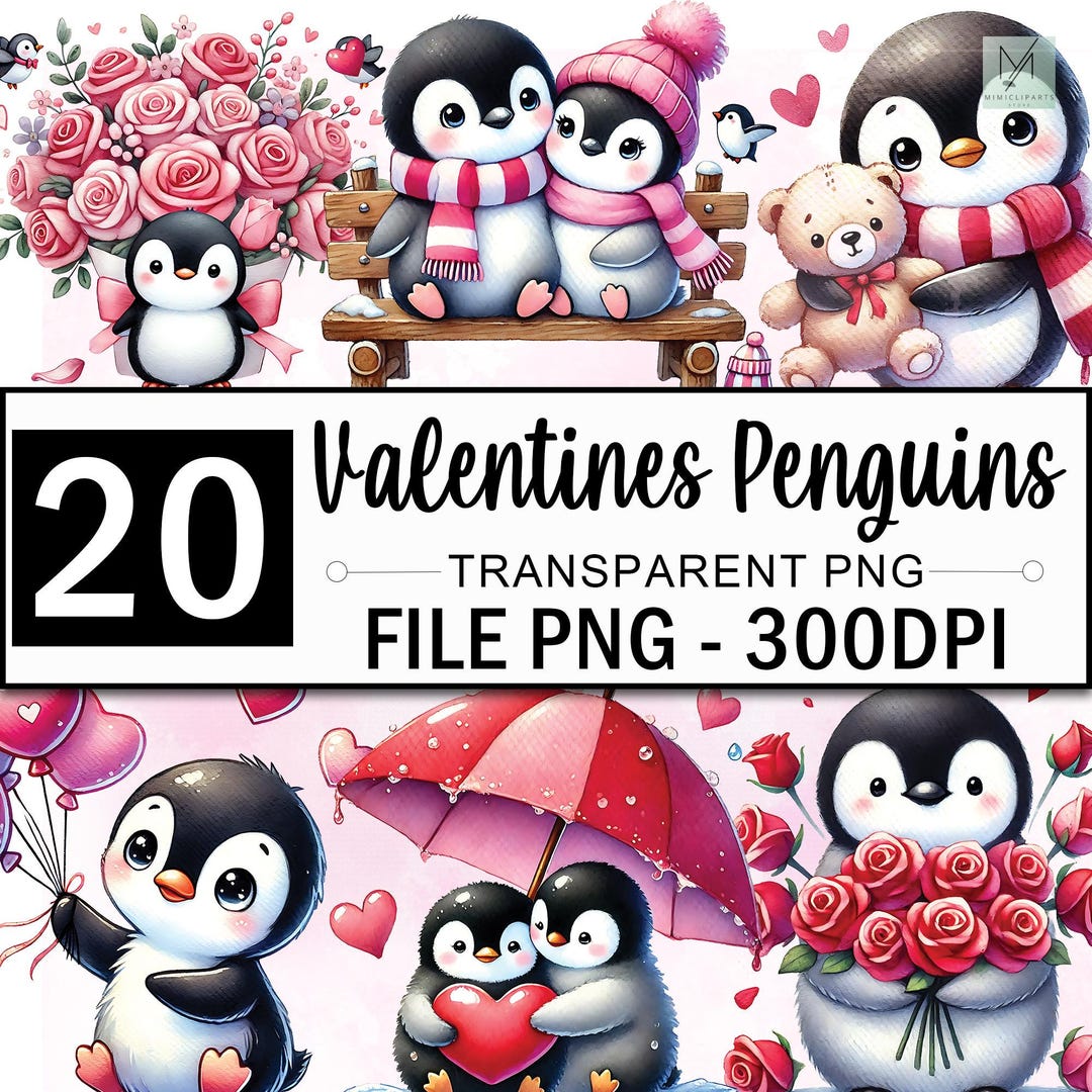 Watercolor Valentines Penguins Clipart Bundle, 20 PNG Cute Penguins ...