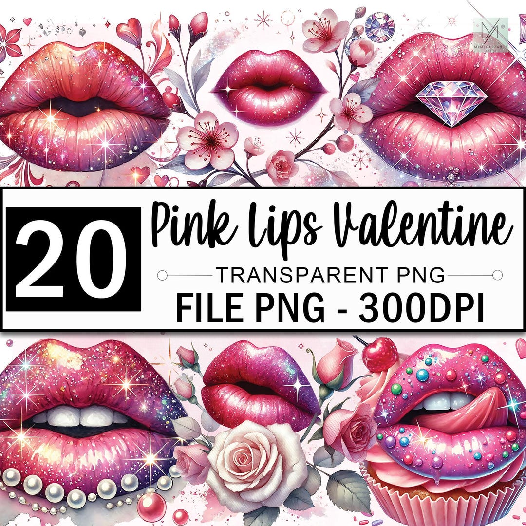 Watercolor Pink Valentines Lips Clipart Bundle, 20 PNG Pink Valentines ...
